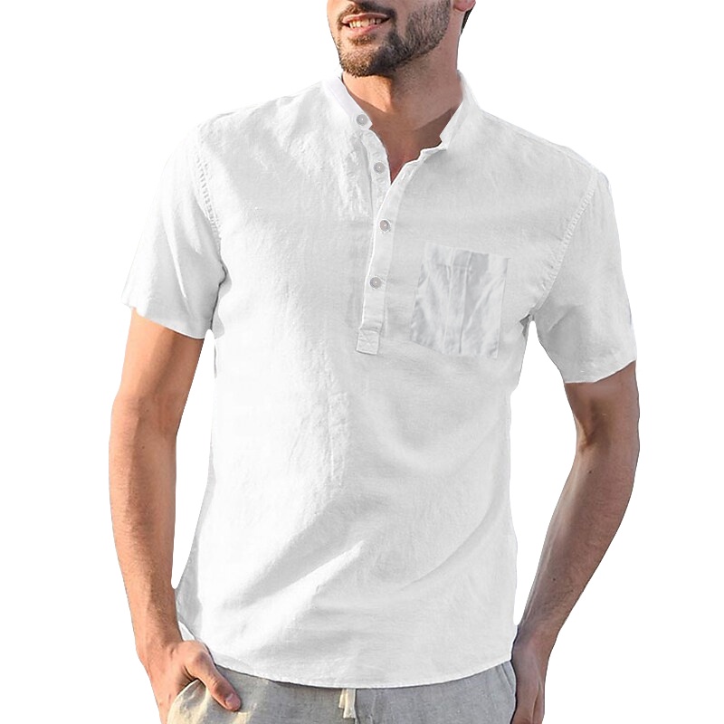 [7 Colors] Men's polo Shirt Chinese Collar Linen Casual T shirts Kurta Henry Collar Short Sleeve ...