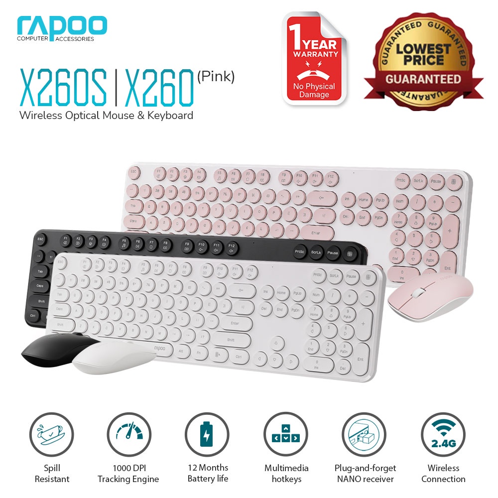 RAPOO X260/X260S Slim Wireless Keyboard and Mouse Set with Round ...