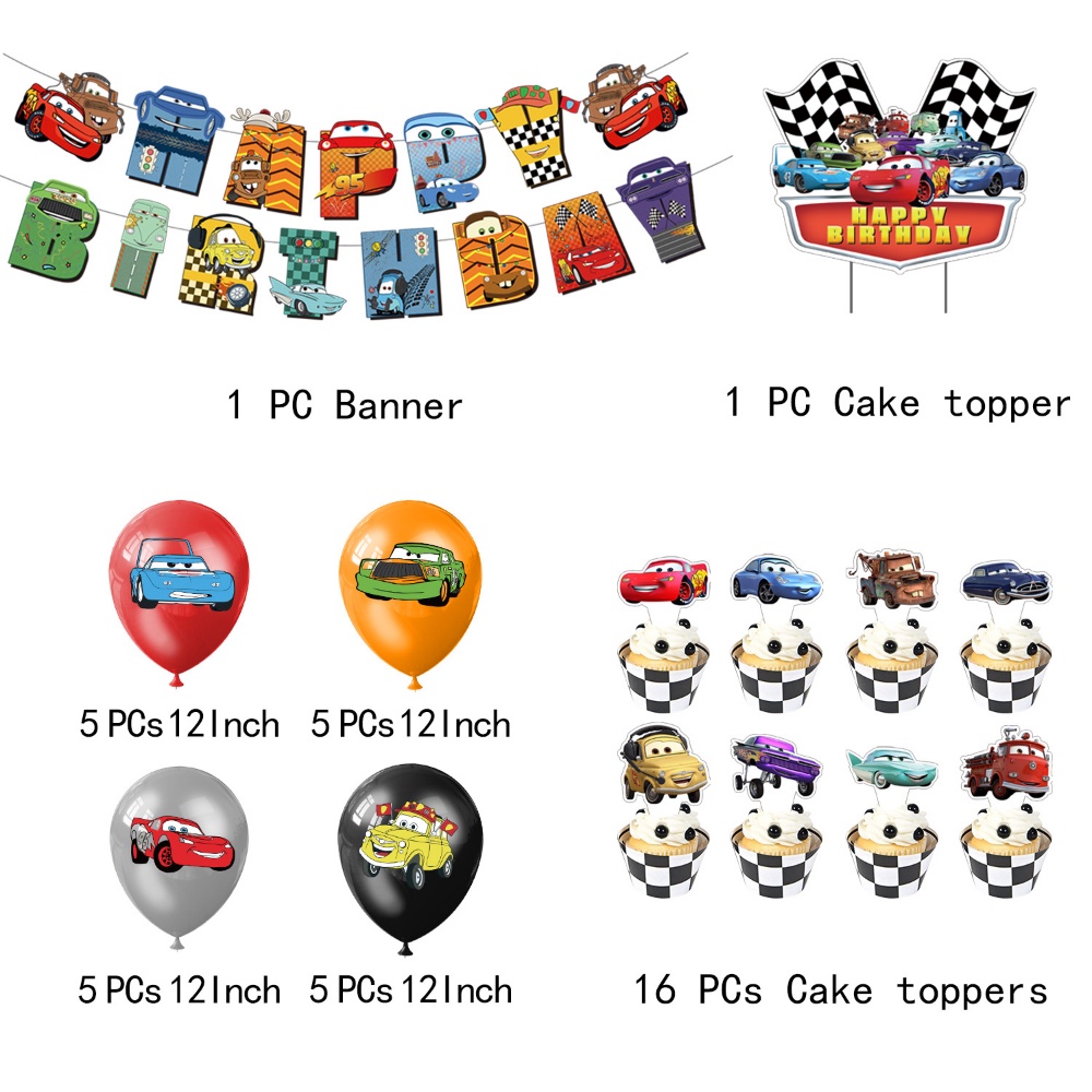 Cars Lightning McQueen King Mater Sally Balloons banner cake toppers ...