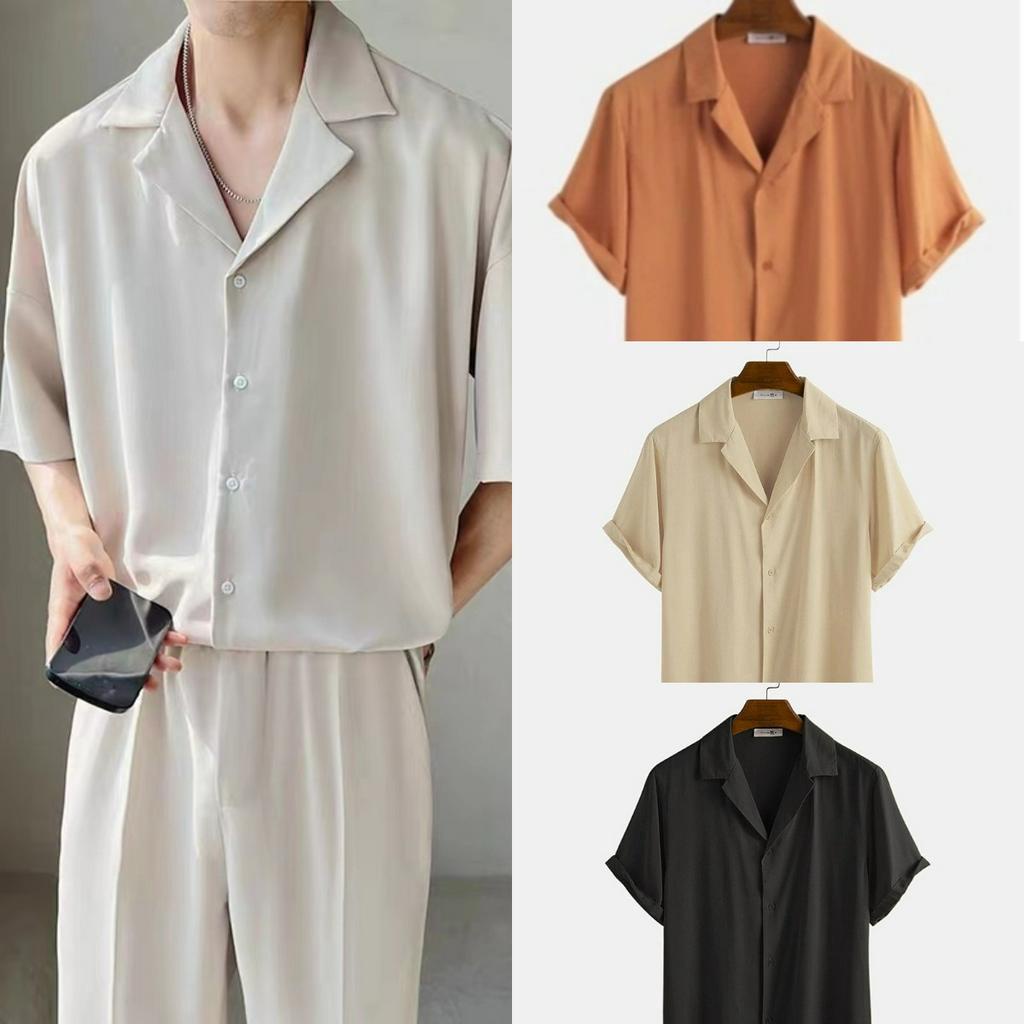 Vintage Turn Down Collar Short Sleeve Blouse For Men Chiffon Plain ...