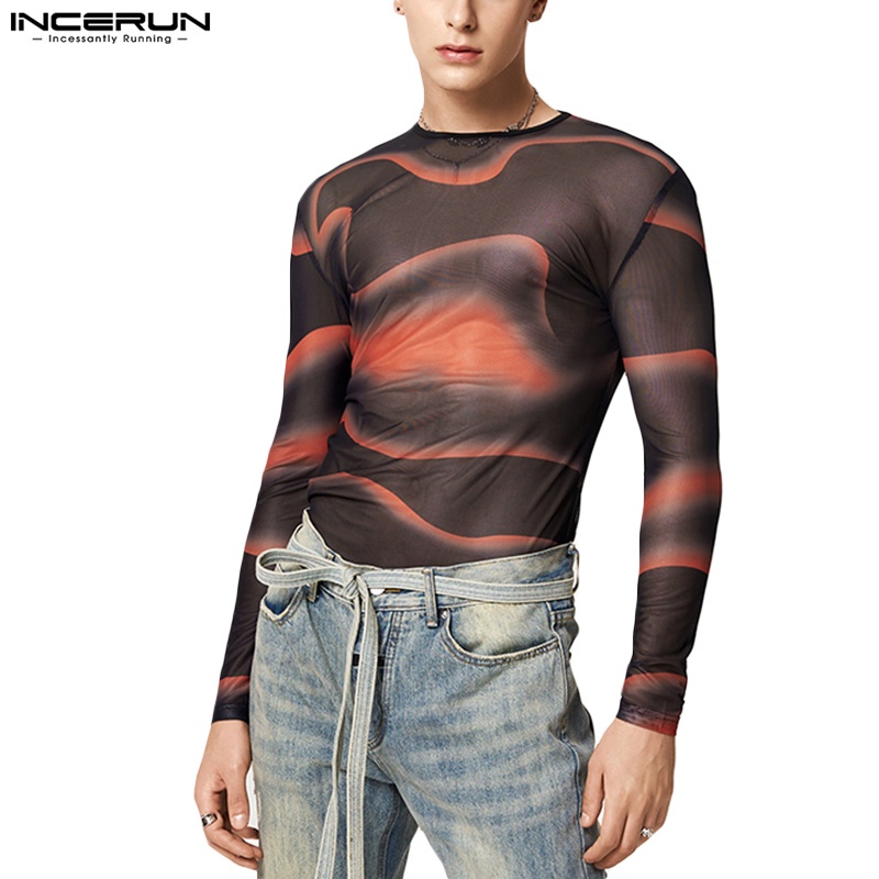 INCERUN Mens Long Sleeve O Neck Floral Printed Mesh Hippie Party T ...