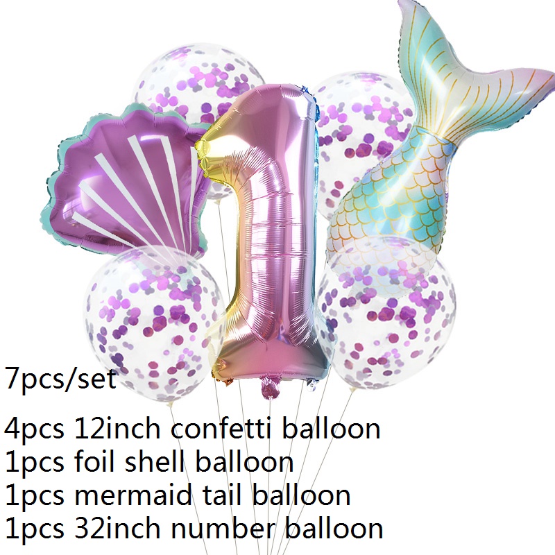Mermaid Theme Balloons Set With 32"Number Balloons Purple Confetti Pink ...