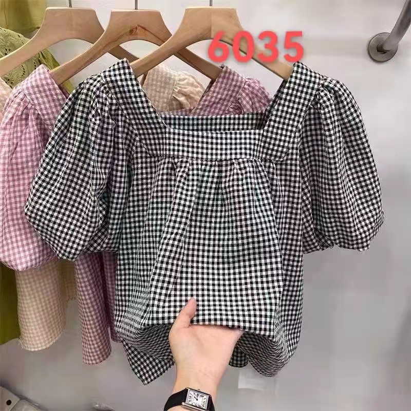AS ELEGANT new women checkered square-neck puff sleeve top 6035 | Shopee Philippines