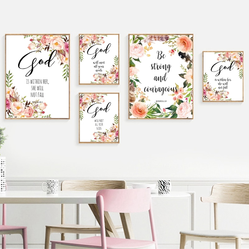 Quotes Wall Art Canvas Painting Watercolor Flowers Christian Posters ...