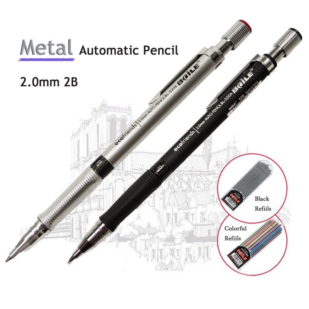 2.0mm Metal Automatic Pencil Mechanical Pencil Black Colorful 2B ...