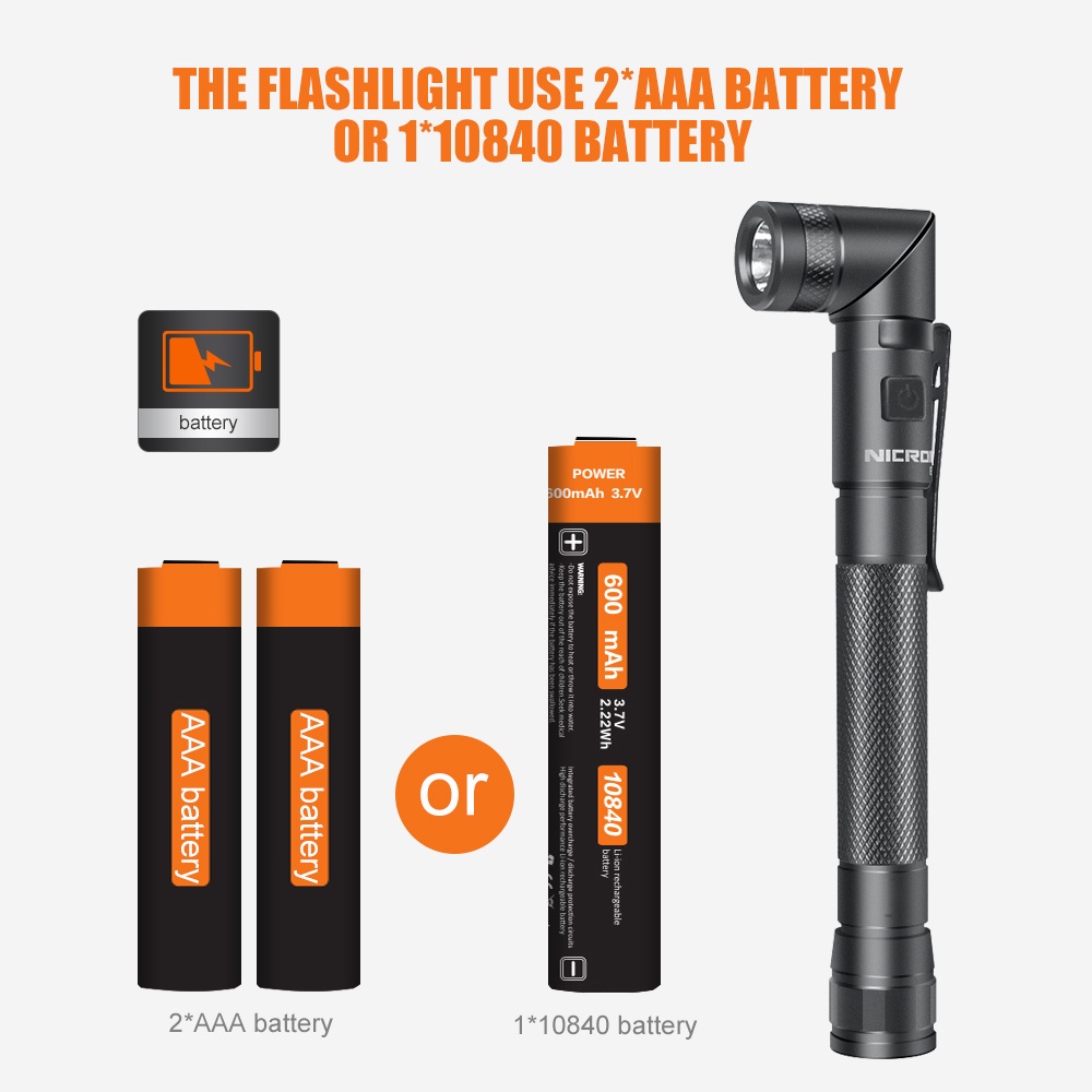 Nicron Flashlight N73 Dual Fuel Power 150 Lumens 90 Degree Twist Head ...