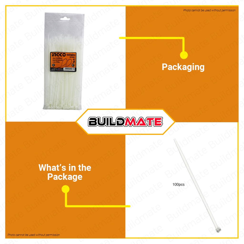 Buildmate x INGCO 8" Nylon Cable Tie White 200mm 100pcs/Set HCT2001 100 ...