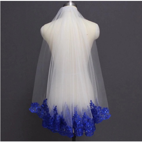 Royal Blue Ivori Lace Bridal Veil One Layer Short Shine Wedding Veil ...