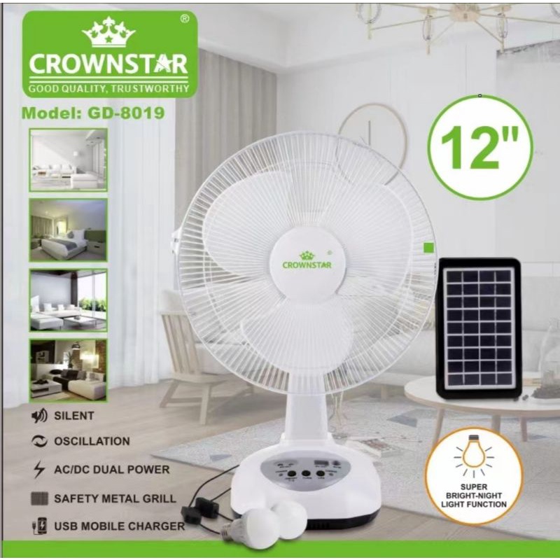 Crownstar GD-8019 '' rechargeable oscillating solar fan with two bulb. | Shopee Philippines