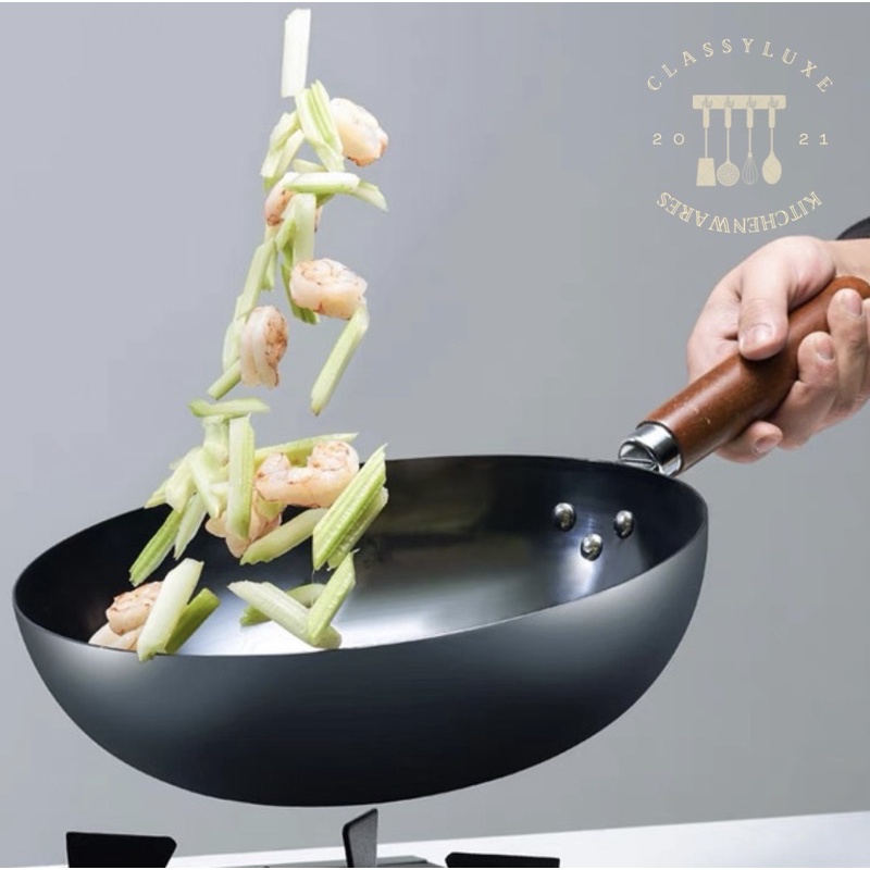 KITkitchen Carbon Steel Chinese Wok Pan Traditional Wok Cookware Cast ...