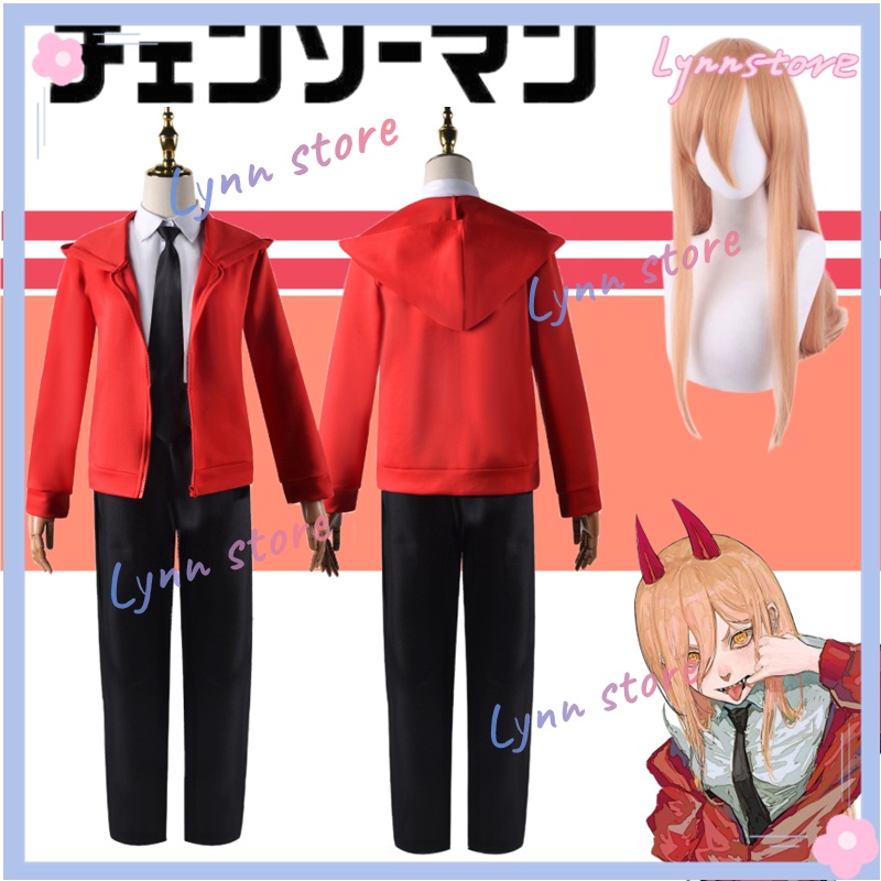 Anime:Chainsaw Man Cosplay Costume Uniform Devil Horns Wig Red Jacket ...