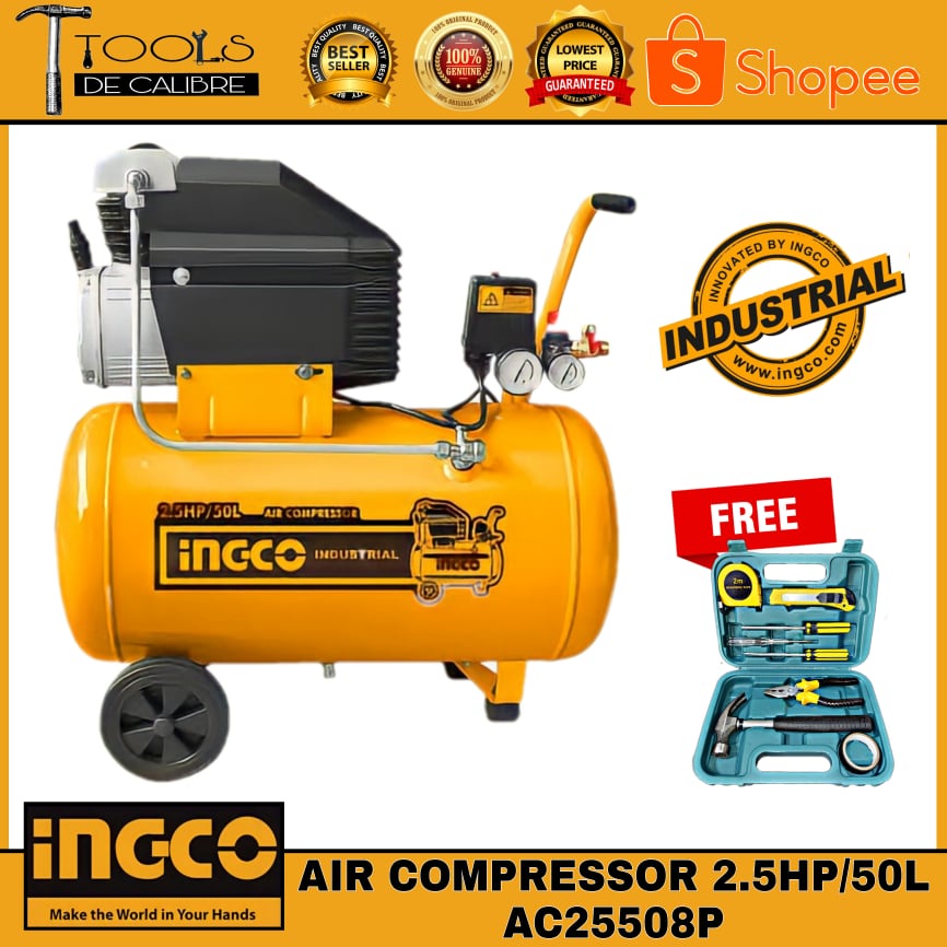 INGCO INDUSTRIAL 50L Air Compressor 2.5HP AC25508P with FREE TOOLSET ...