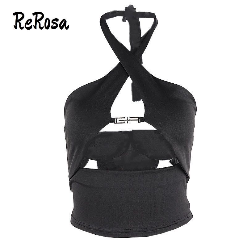 ReRosa Women's Sexy Cutout Cross Halter Backless Metal Decorated Vest ...