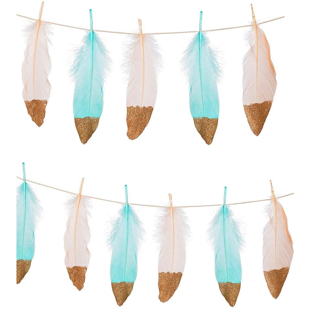 Boho Feather Garland Pale Pink Blue Feather Banner Garland Gold Glitter ...