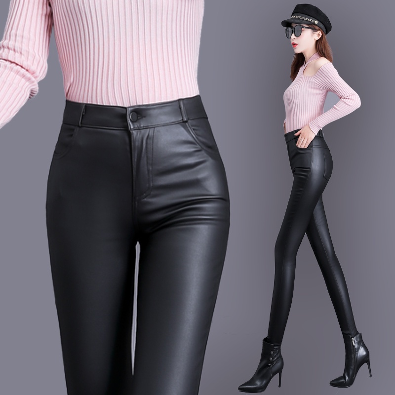 Matte Leather Pants Women High Waist Outer Wear Slimmer Look Small Feet ...