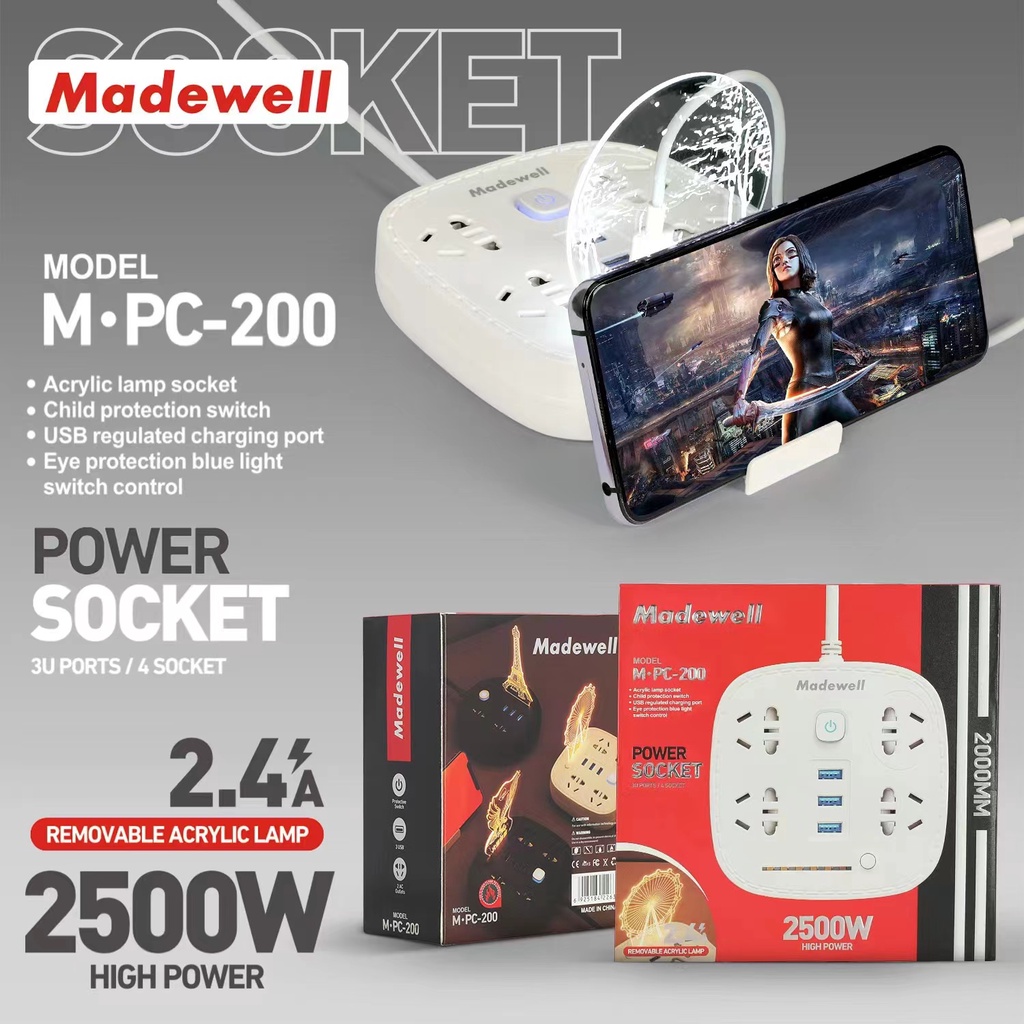 Multifunction Madewell Universal High Power Socket 2500W Extension Usb ...