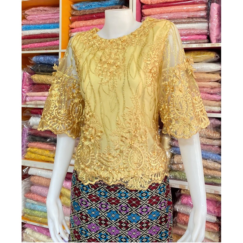 Two-Tone Glitter Bunga Lace Blouse With Tightly Decorated With Pearl ...