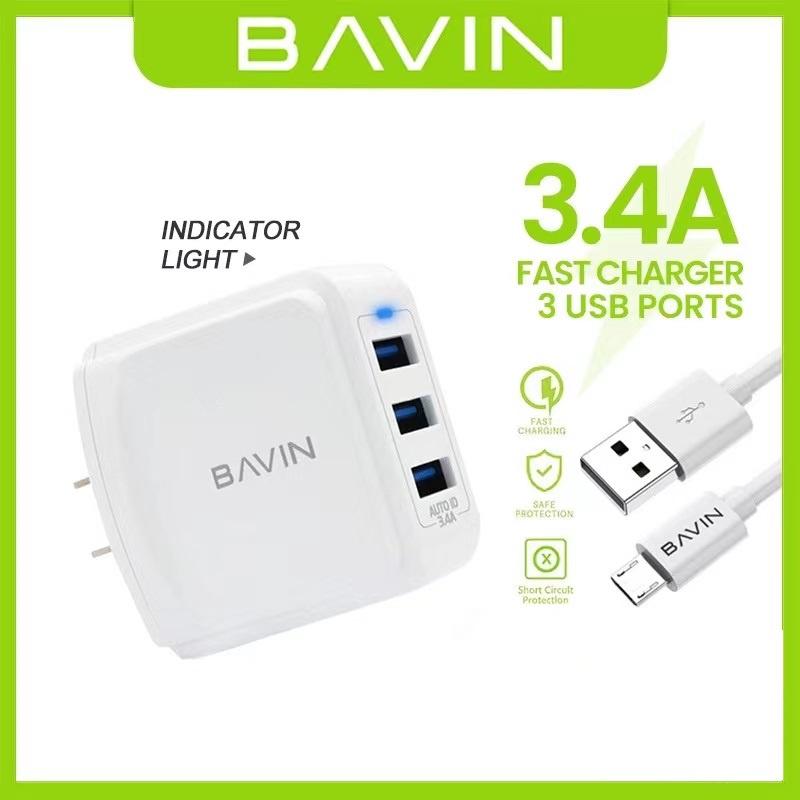 Bavin 3.4A Adapter Fast Charger PC632 3 USB Ports w/ USB Cable for ...