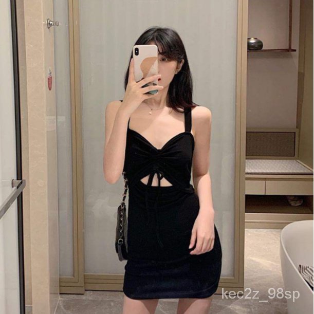 Sling sexy low-cut drawstring dress 2020 summer new Korean version of the waist and thin bag hip ...
