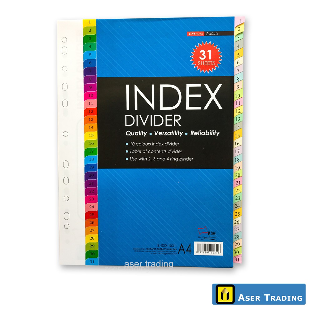 UNI PAPER INDEX DIVIDER 1 To 31 ( 31 Sheets) | Shopee Philippines