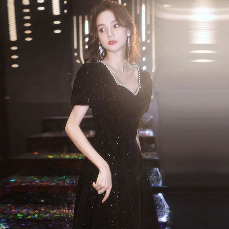 Black Long Birthday Party Evening Dress Elegant Short Sleeve Long Party ...