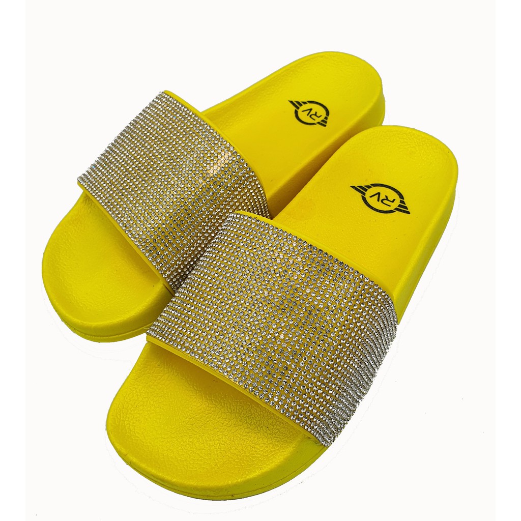 Neon Yellow Sole White Rhinestone Slides | Shopee Philippines