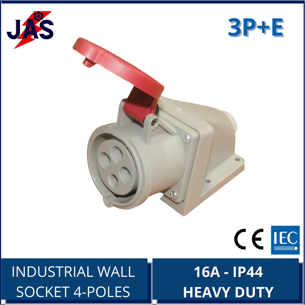 Industrial Wall Socket 16A, 4P, IP44 Red, Top-Entry 3P+E, CEE, Heavy ...