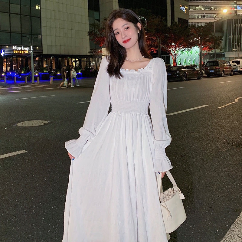 French Long Sleeve Dress Dress Inner Wear White Fairy Dress | Shopee ...