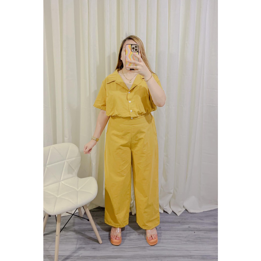 Cotton Linen Polo w/ Garterized Hem Semi Crop-top Squarepants Terno For ...