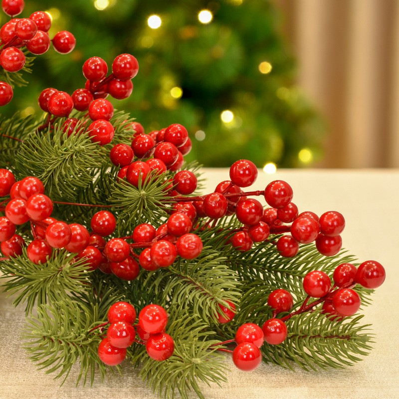5Pcs /12 Head Artificial Flower Fruit Cherry Christmas Tree Pearl ...