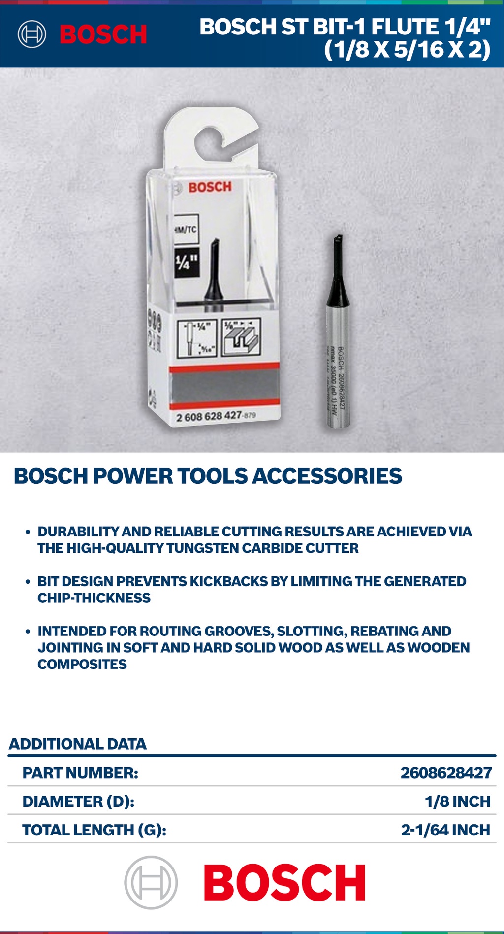 Bosch ST Bit-1 Flute 1/4" (1/8 X 5/16 X 2) Router Bit - Tools ...