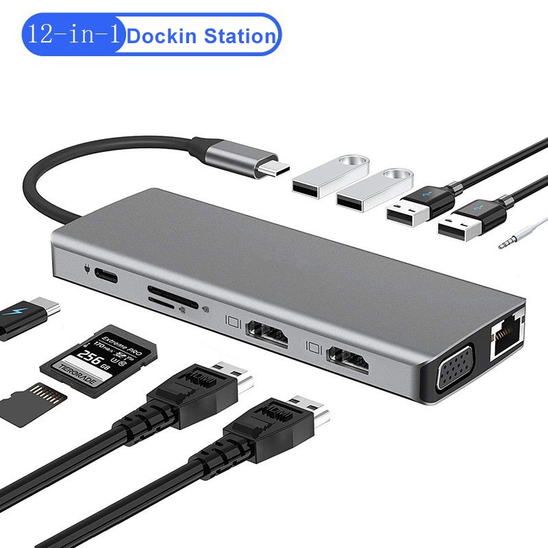 12in1 Type c Docking Station USB C HUB Type-c to Dual HDMI 4k VGA RJ45 ...
