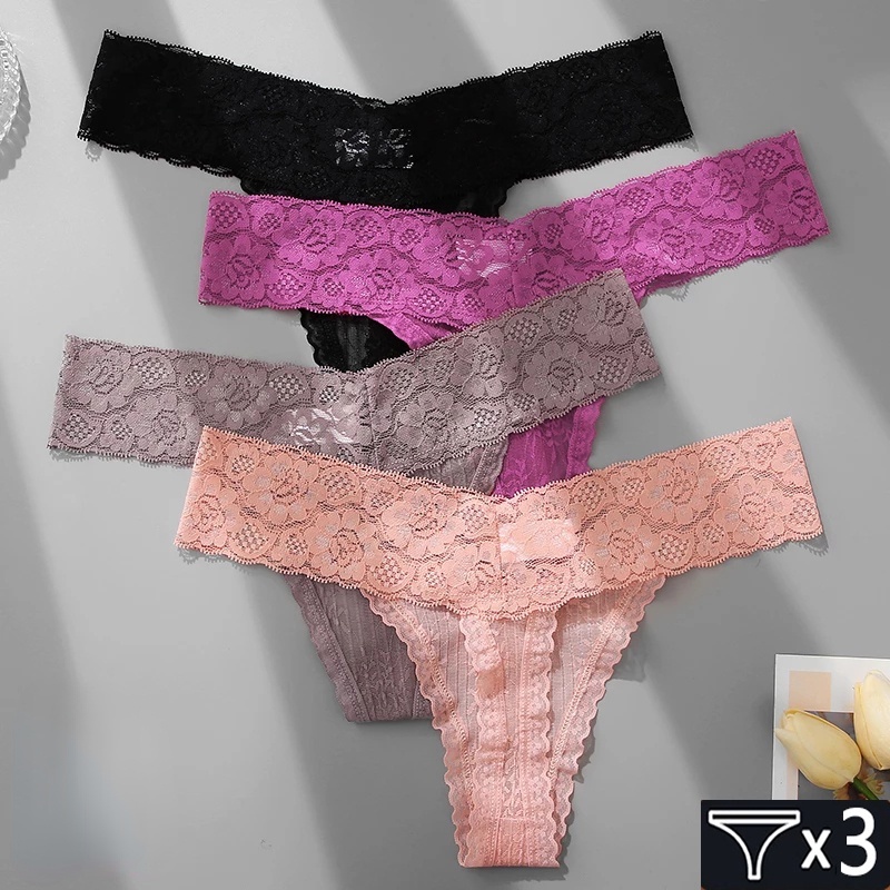 Finetoo 3 Pcs/Set Sexy Thong Women Lace Bikini Panties S-Xl Low Waist ...