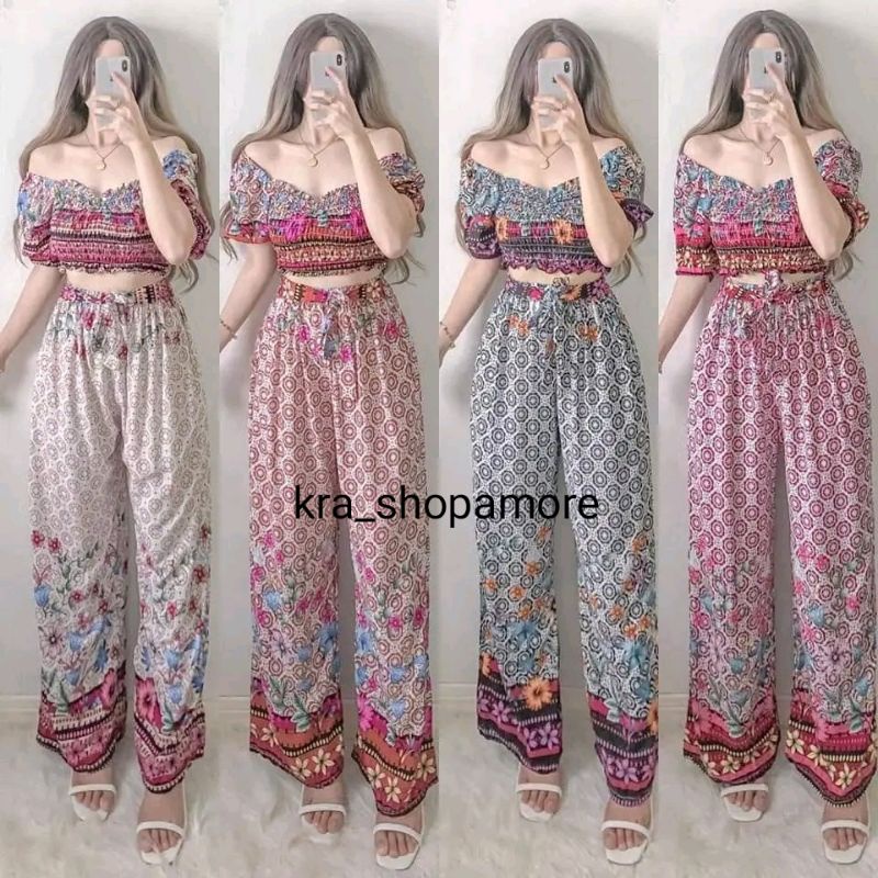 Sophia Aztec Printed Chaliss Off Shoulder Top Terno High Waist Wide Leg ...