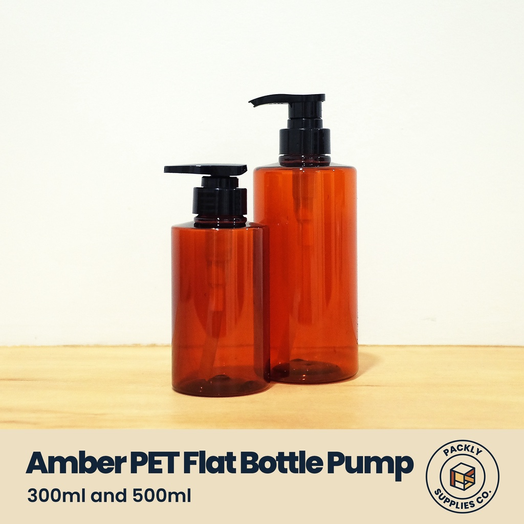 (1PC) PET Plastic Amber Flat Bottle with Lotion Pump Head 300ml 500ml ...