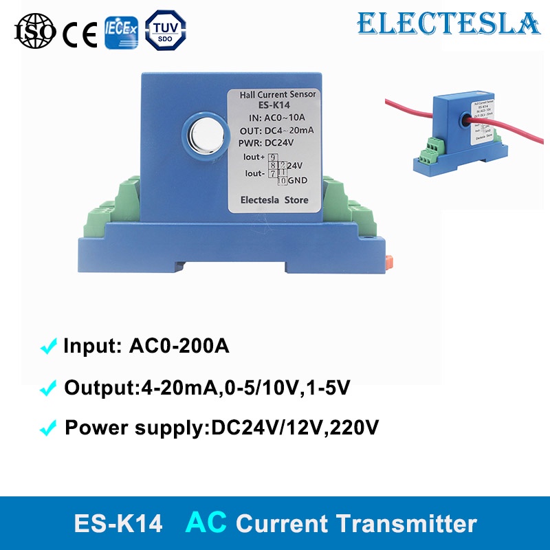 ES-K14 AC 0-200A Current Transmitter Hall Effect Current Transducer Analog Output 4-20mA 0-10V 0 ...