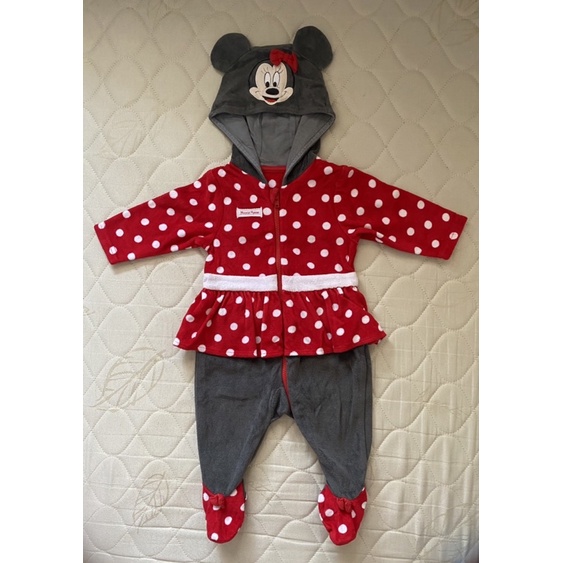 DISNEY BABY By MOTHERCARE Minnie Mouse Footed Coverall Romper with Hood ...