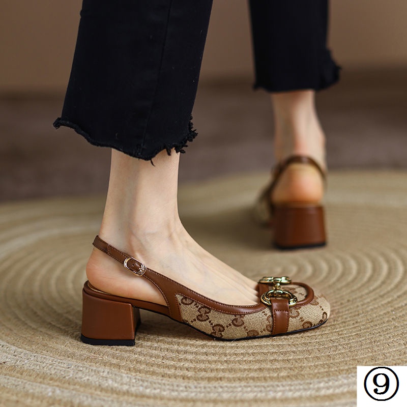 Niche French Vintage Backspace Toe Cap Sandals Women's Round Mid-Heel ...