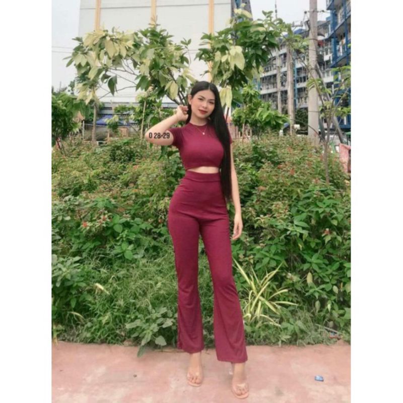 FLARE Knitted Basic Sleeve Croptop with High Waist Terno Pants | Shopee ...