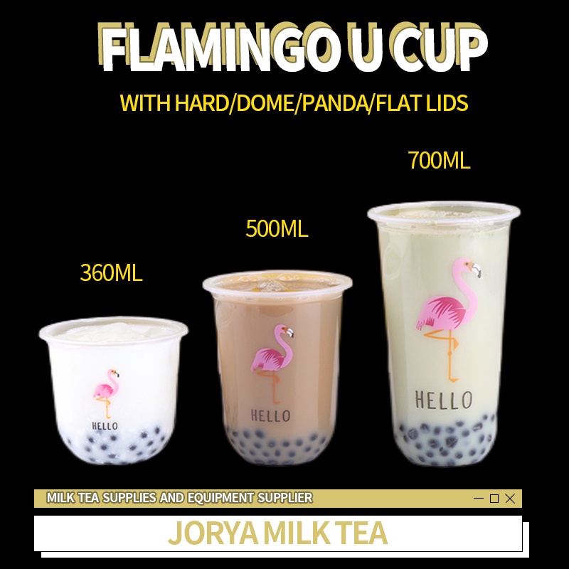 100pcs 95mm Milk Tea Cup Flamingo Plastic U Cup For milk Tea Juice With PET Lid 360ml/500ml ...