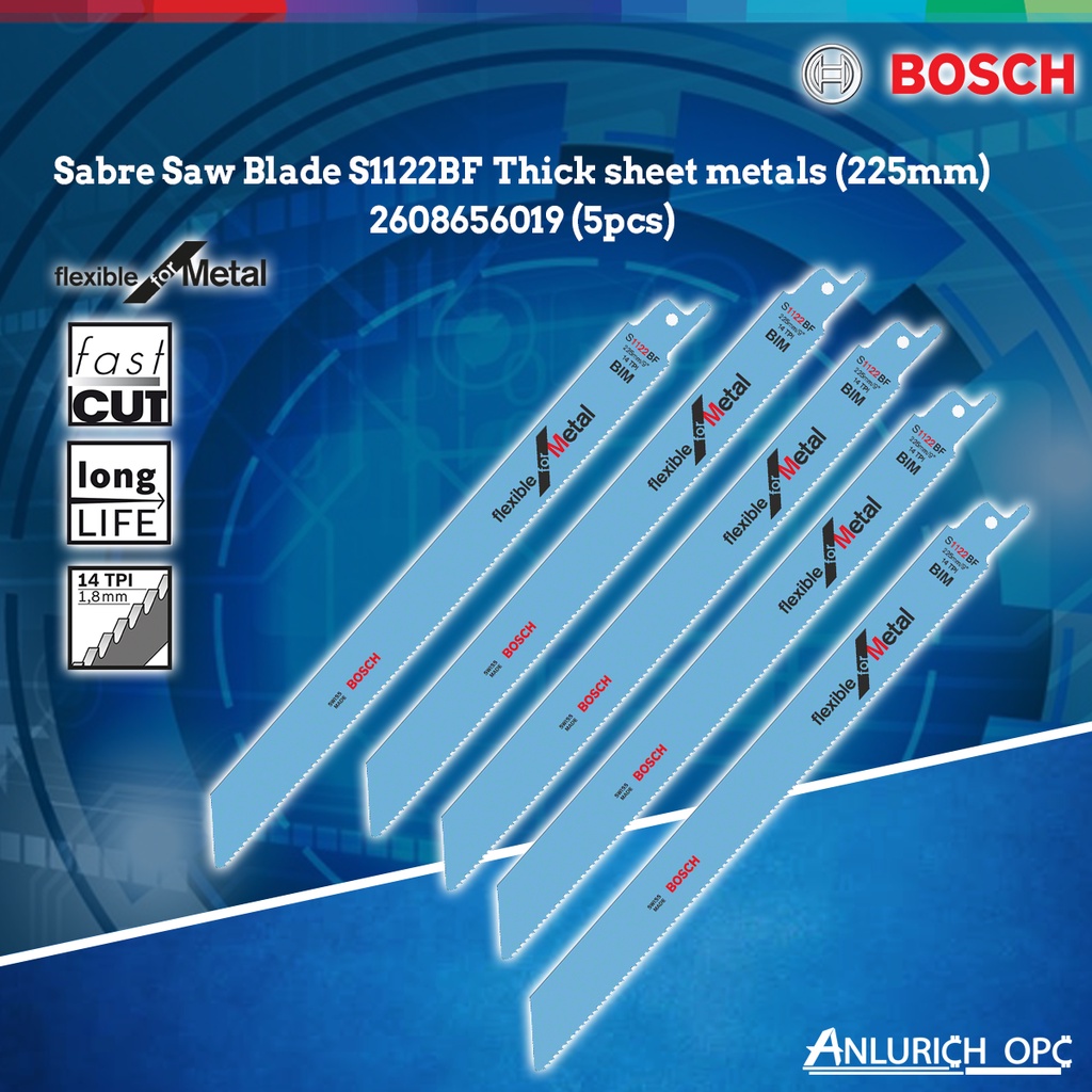 Sabre Saw Blade S1122BF Thick sheet metals (225mm) 2608656019 (5pcs ...