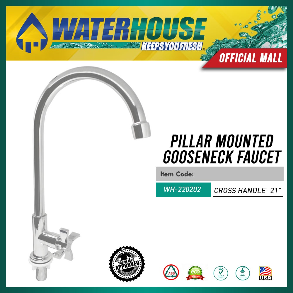 WATERHOUSE Pillar Mounted Gooseneck Sink Tap Faucet Long Cross Handle ...