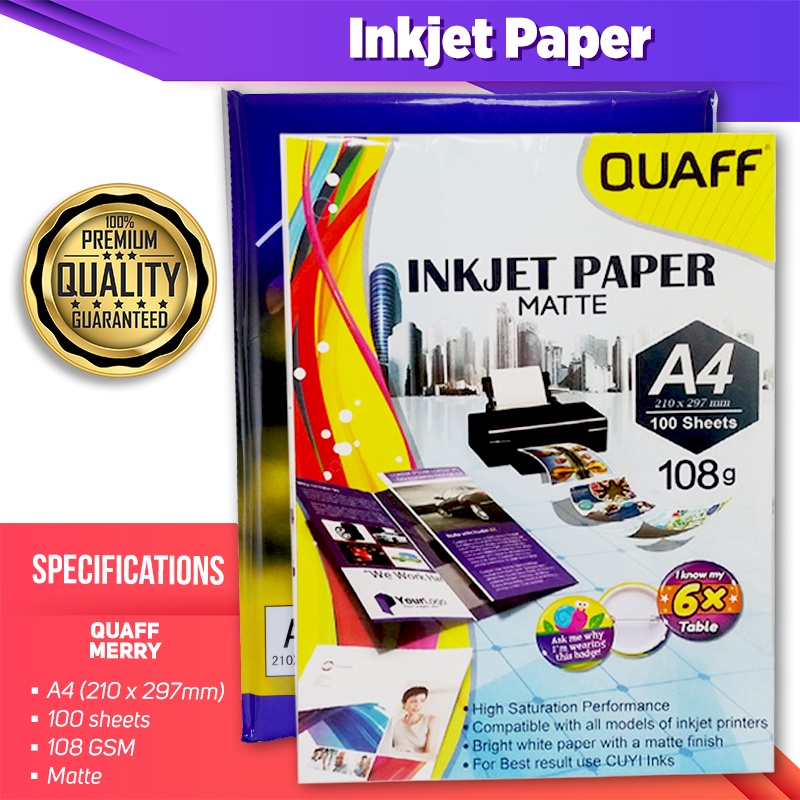 108gsm Inkjet Matte Paper A4 Size MERRY or QUAFF Brand (100 sheets ...