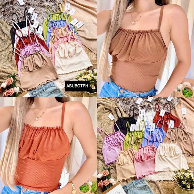 Korean Knitted Rib Bust Cami Top Ruffles Collar String Top | Shopee ...