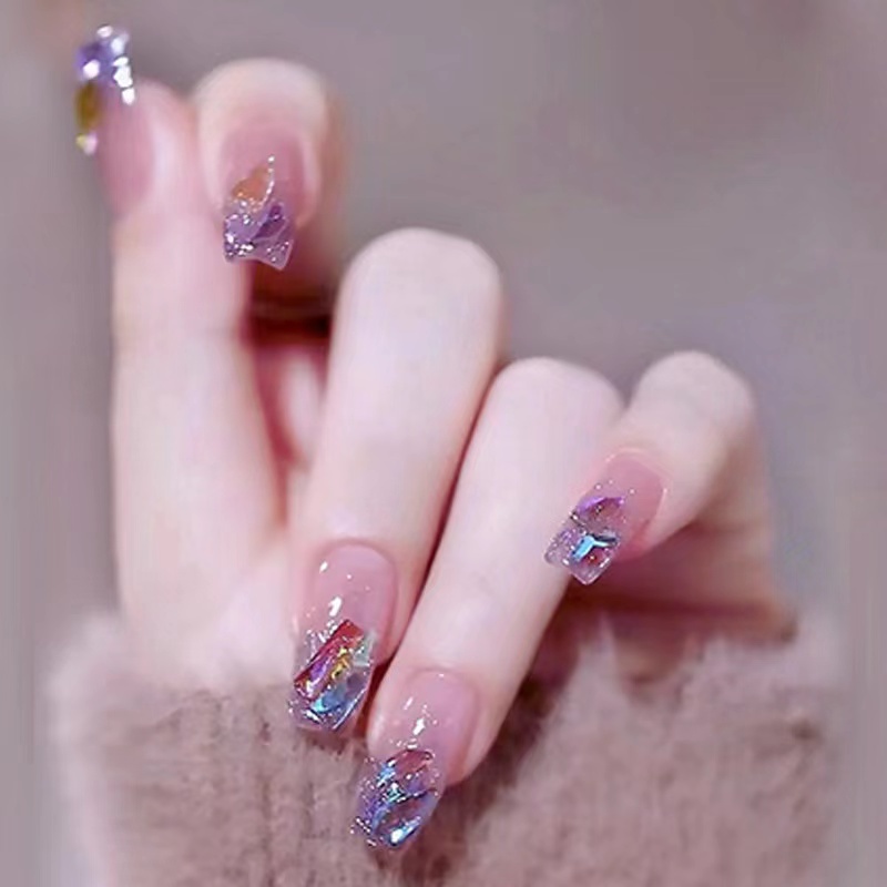 Z344 Rainbow Crystal Stone Art Long Fake Nails Press On Nails Set ...