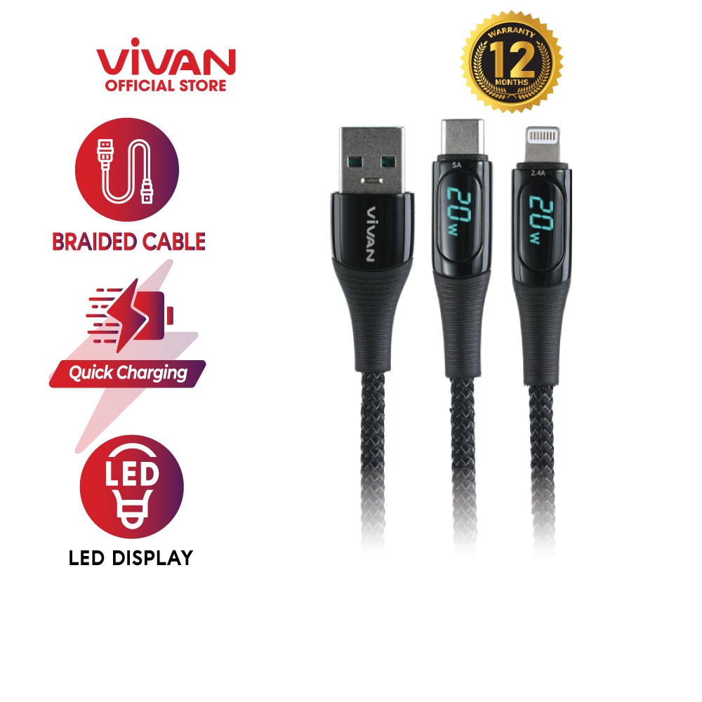 VIVAN VIC100 Braid Data Cable 100cm USB To Type-C/iPh 40W 5A Fast ...