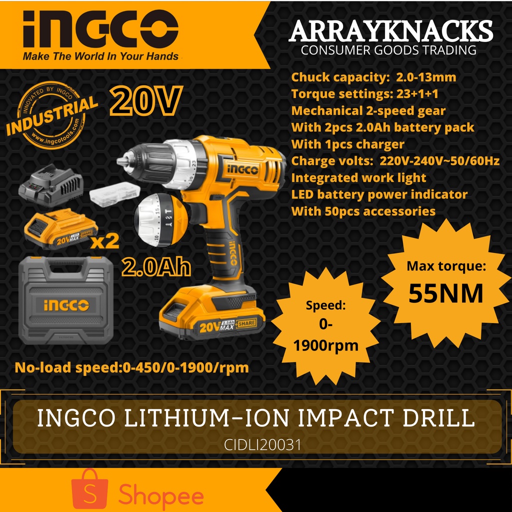 INGCO Lithium-ion Cordless Impact Drill (CIDLI20031) CORDLESS TOOLS ...
