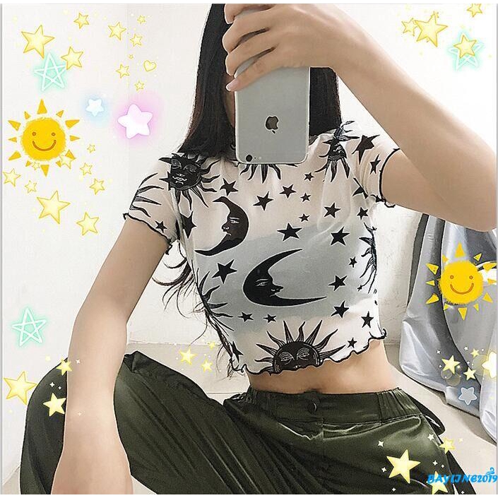 ℳay-Women Ladies Angel Mesh Printed T-shirt Tops Short Sleeve Shirts ...