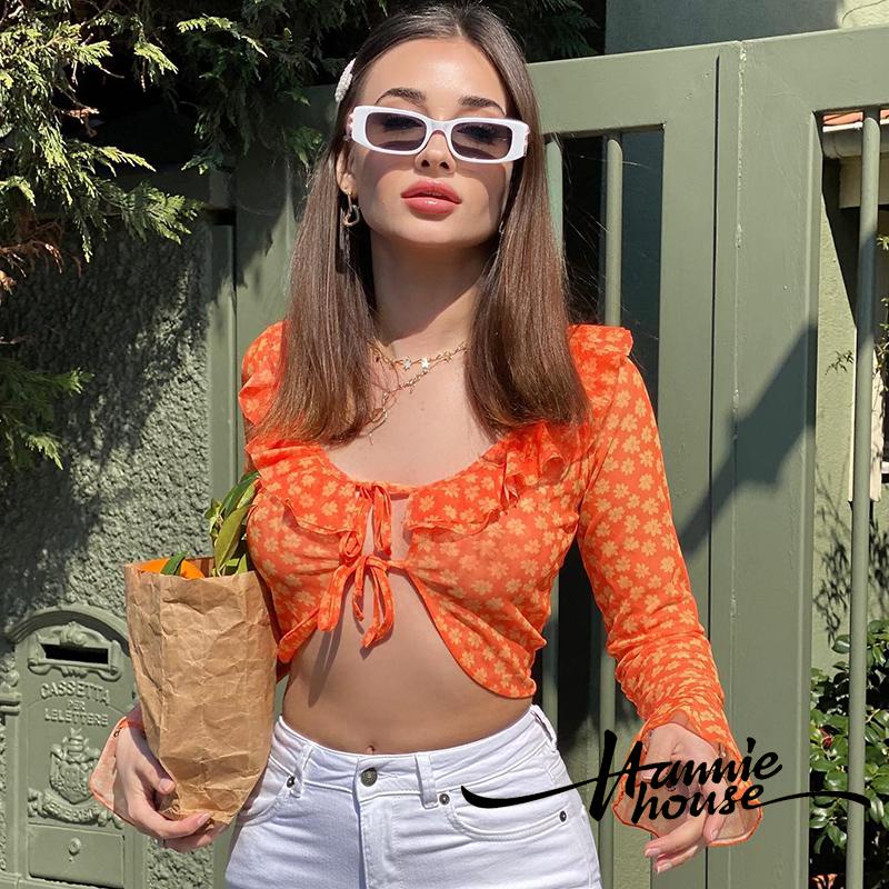 Hannie-Ladies Summer Floral Printing Front Tie Up Flouncing Splicing ...