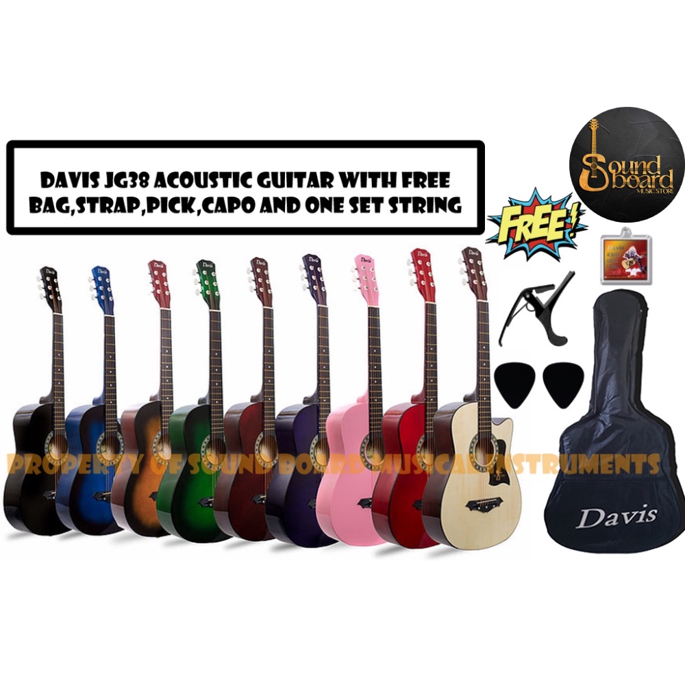 Davis JG38 Acoustic Guitar 38 Inches With Bag, Set Of Strings, Capo ...